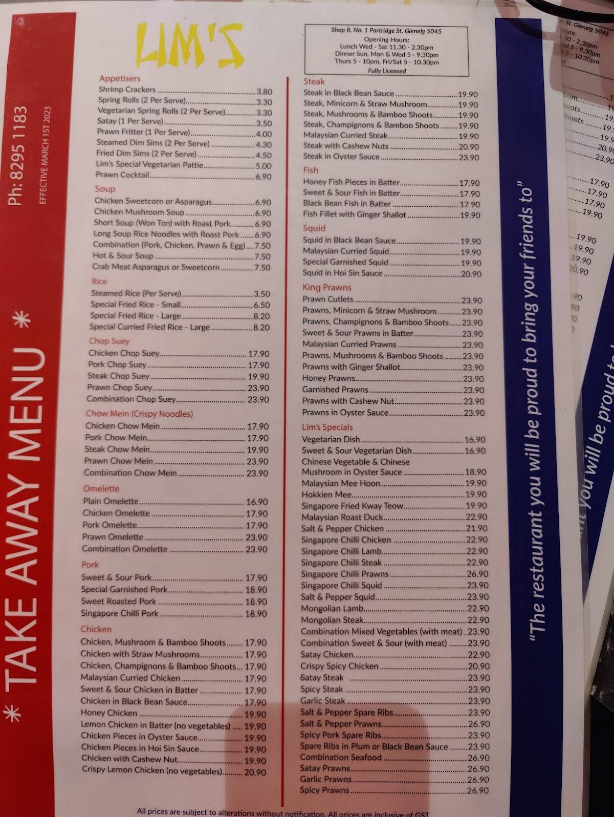 Menu at LIM'S Chinese Restaurant Glenelg, Glenelg