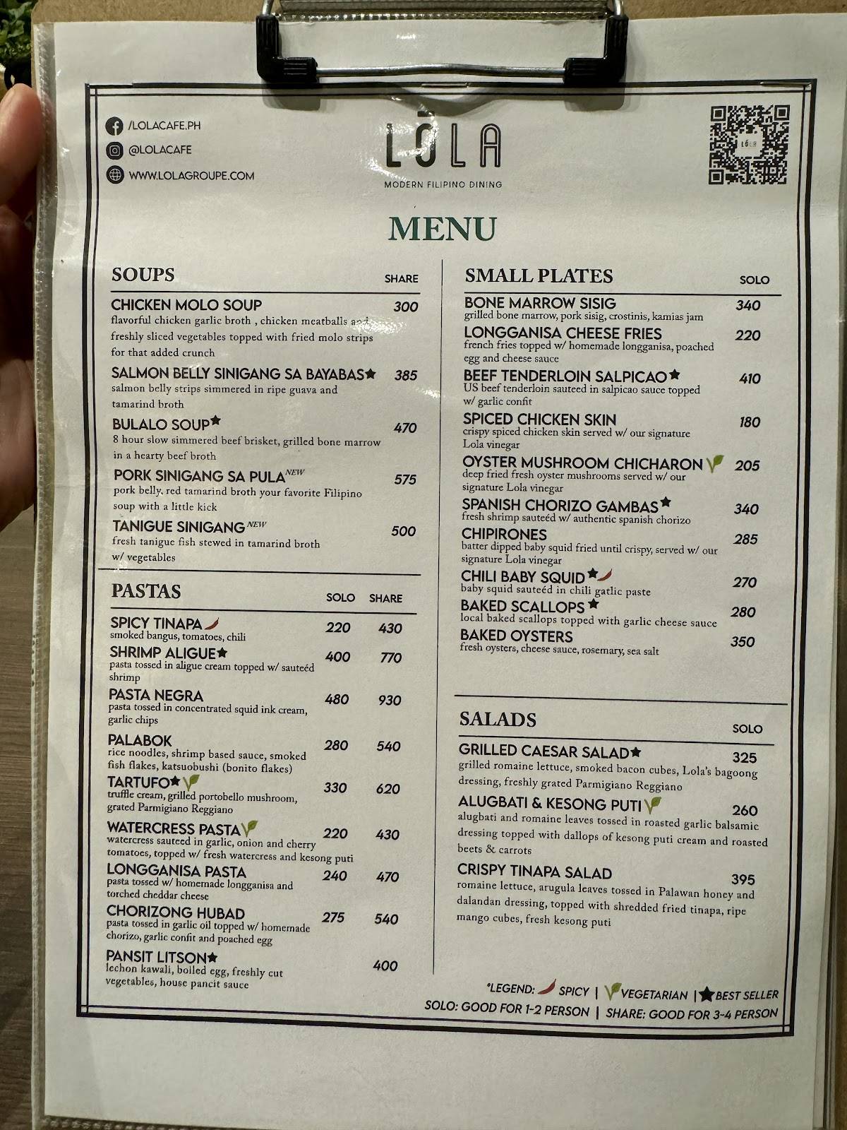 Menu at LOLA Cafe - Mabini, San Juan