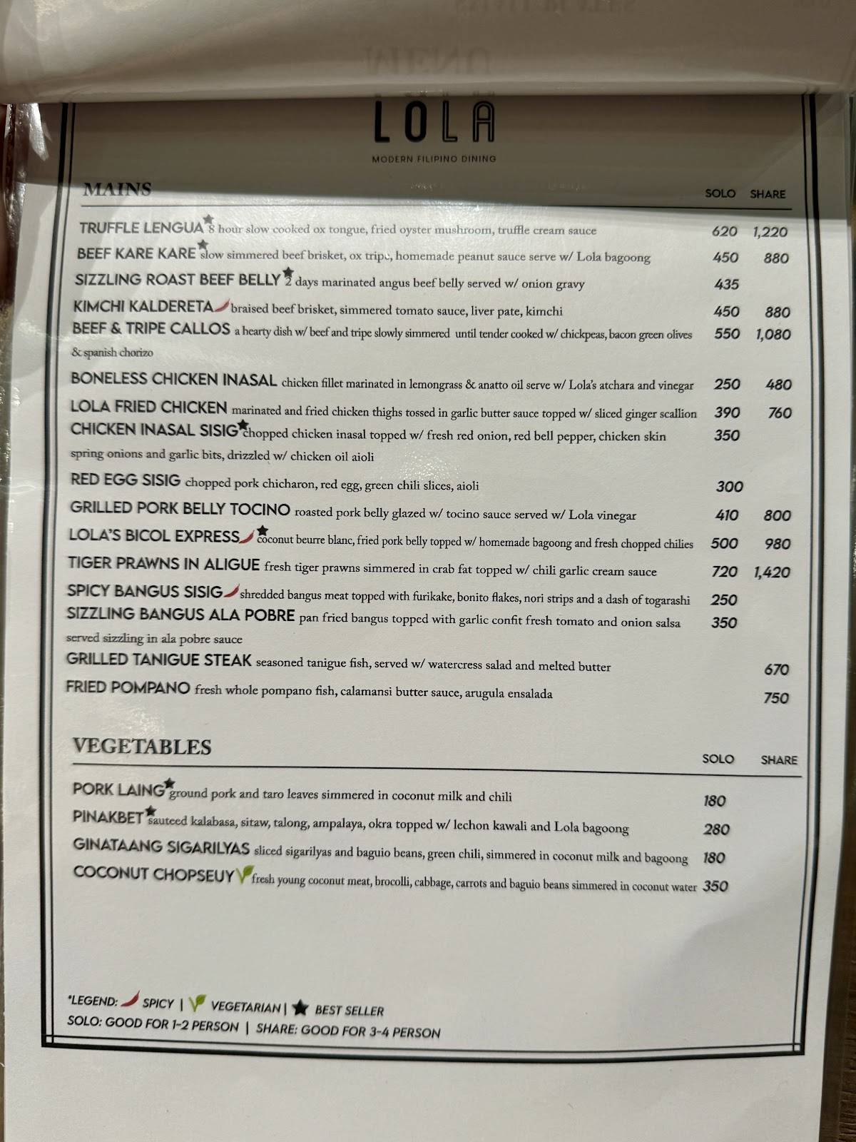 Menu at LOLA Cafe - Mabini, San Juan