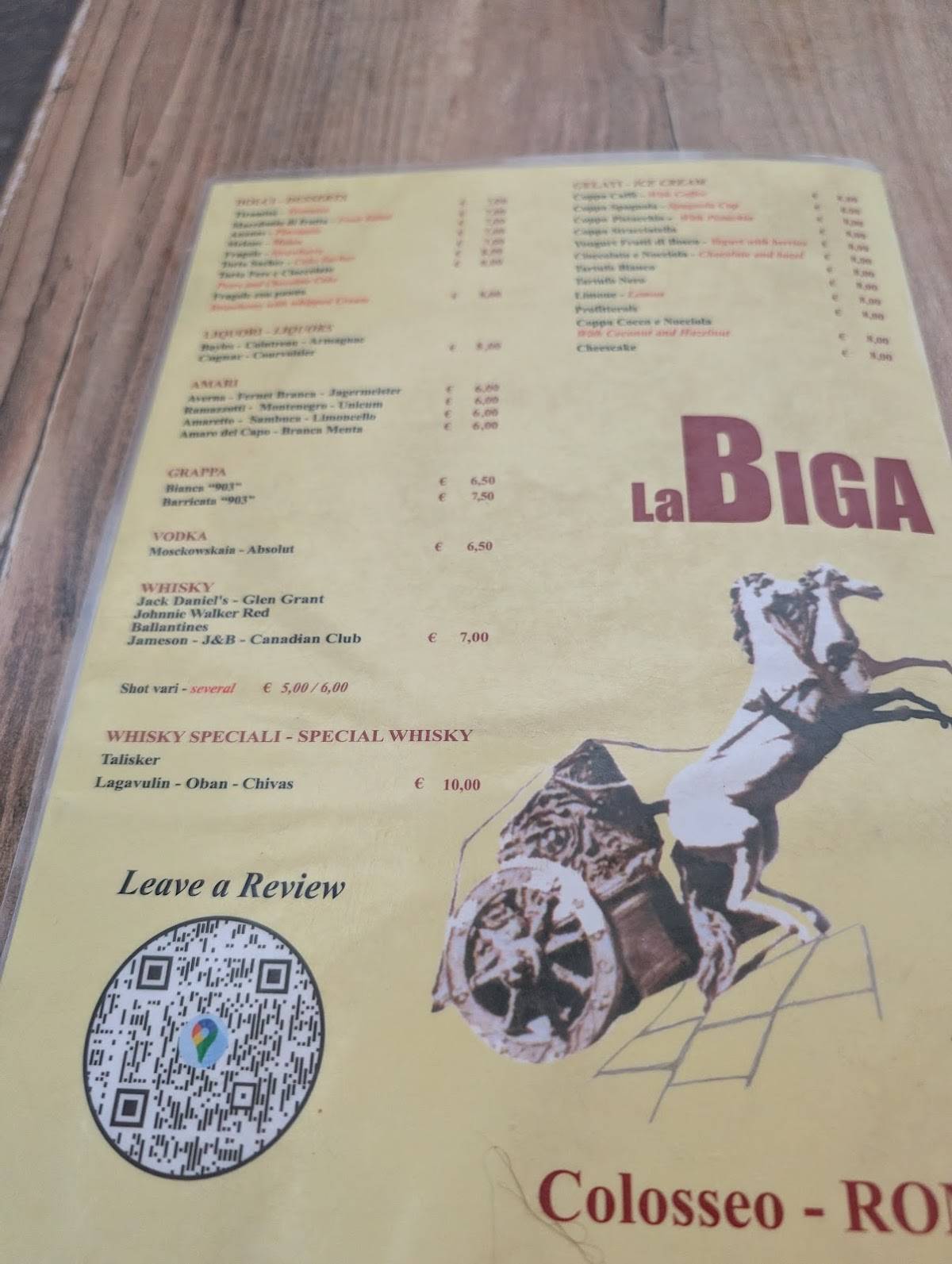 Menu da La Biga Wine Food pub & bar, Roma, Via Nicola Salvi