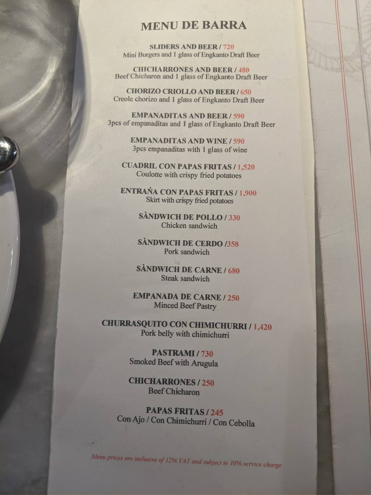 Menu at La Cabrera restaurant, Makati, H23G+46M