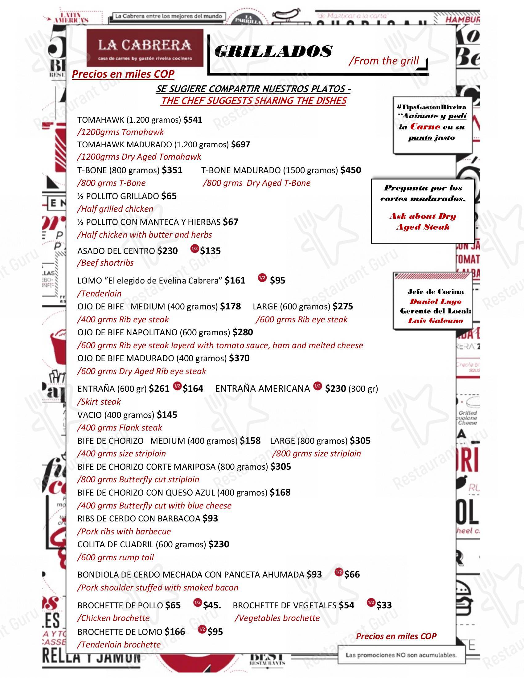 Carta de La Cabrera Bogotá l Parrilla Argentina Restaurante Zona G, Bogotá