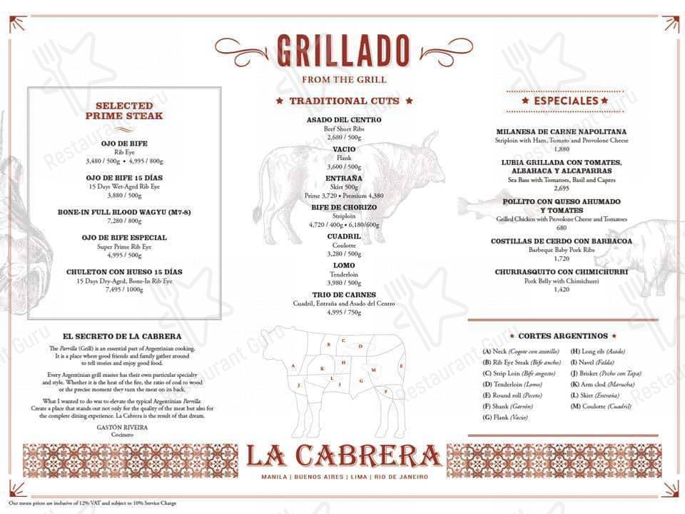 Menu at La Cabrera restaurant, Makati, H23G+46M