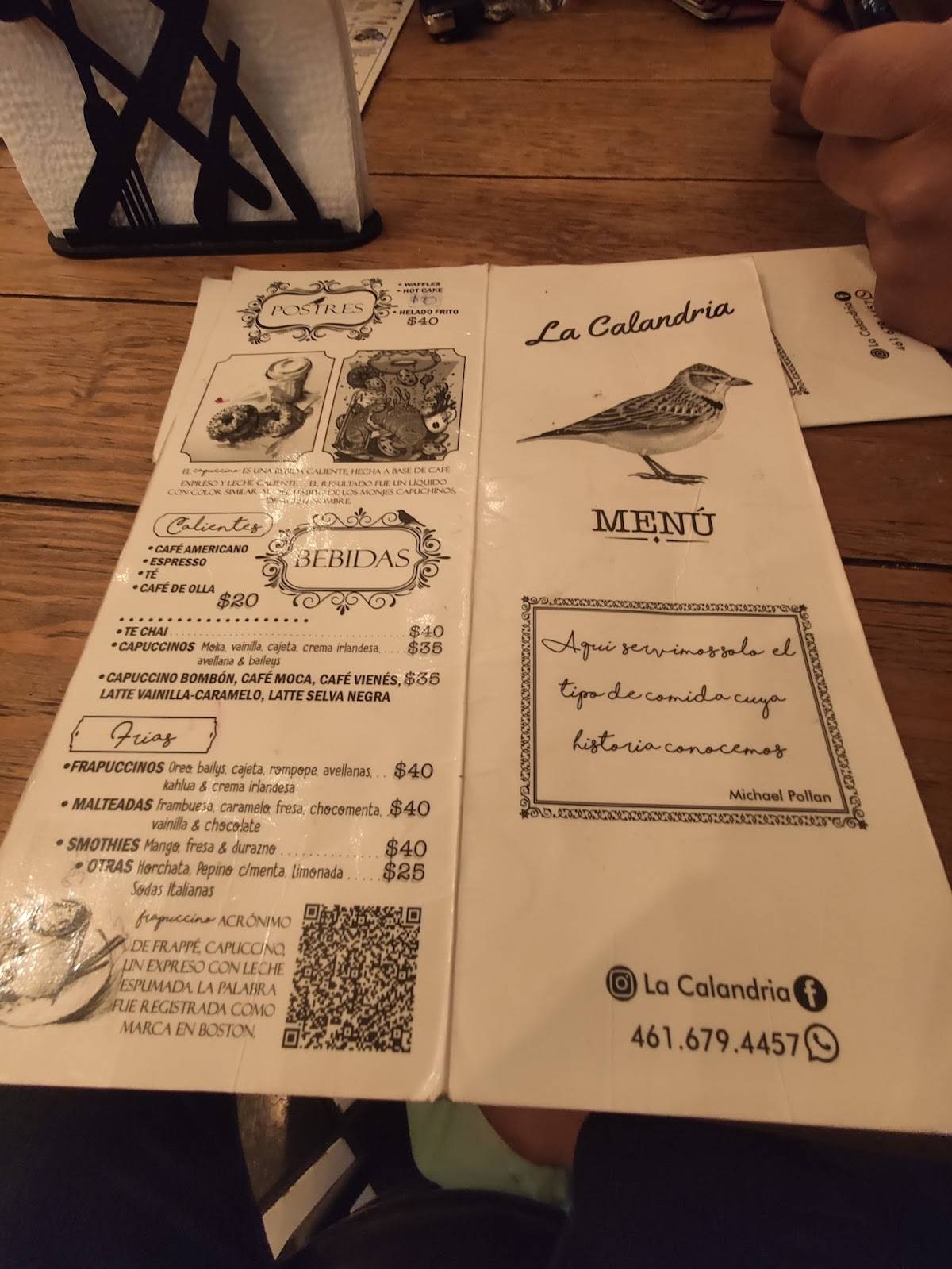 Carta de cafetería La Calandria, Celaya, Av Brillante 240
