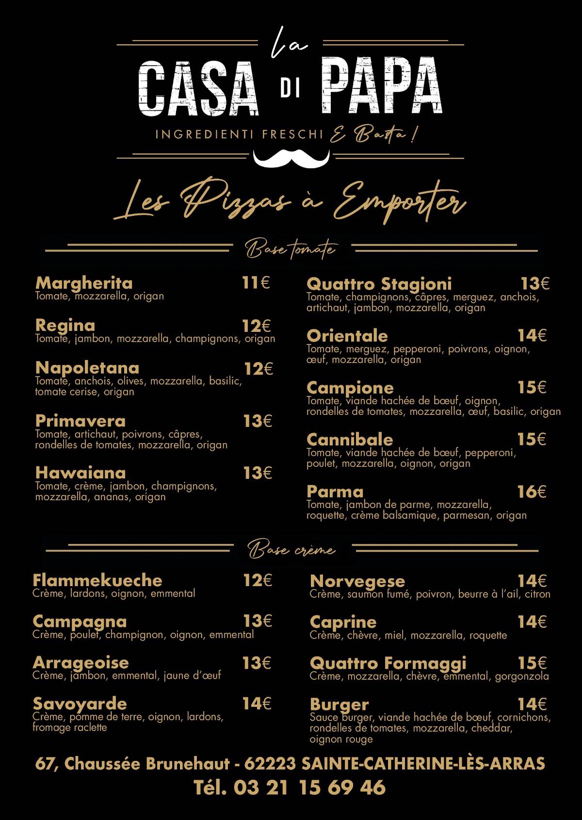 Menu au La Casa di Papa pizzeria, Sainte-Catherine