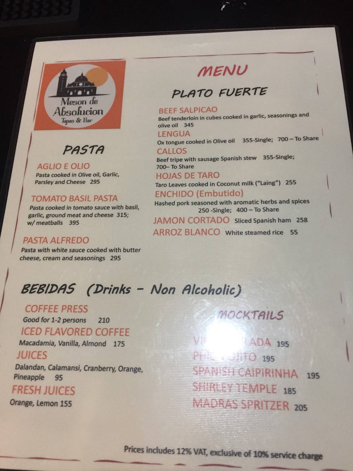 Menu at La Cathedral Cafe, Manila