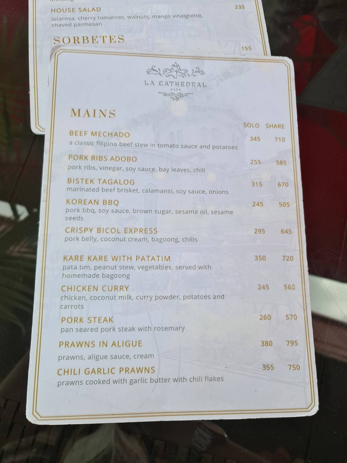 Menu at La Cathedral Cafe, Manila