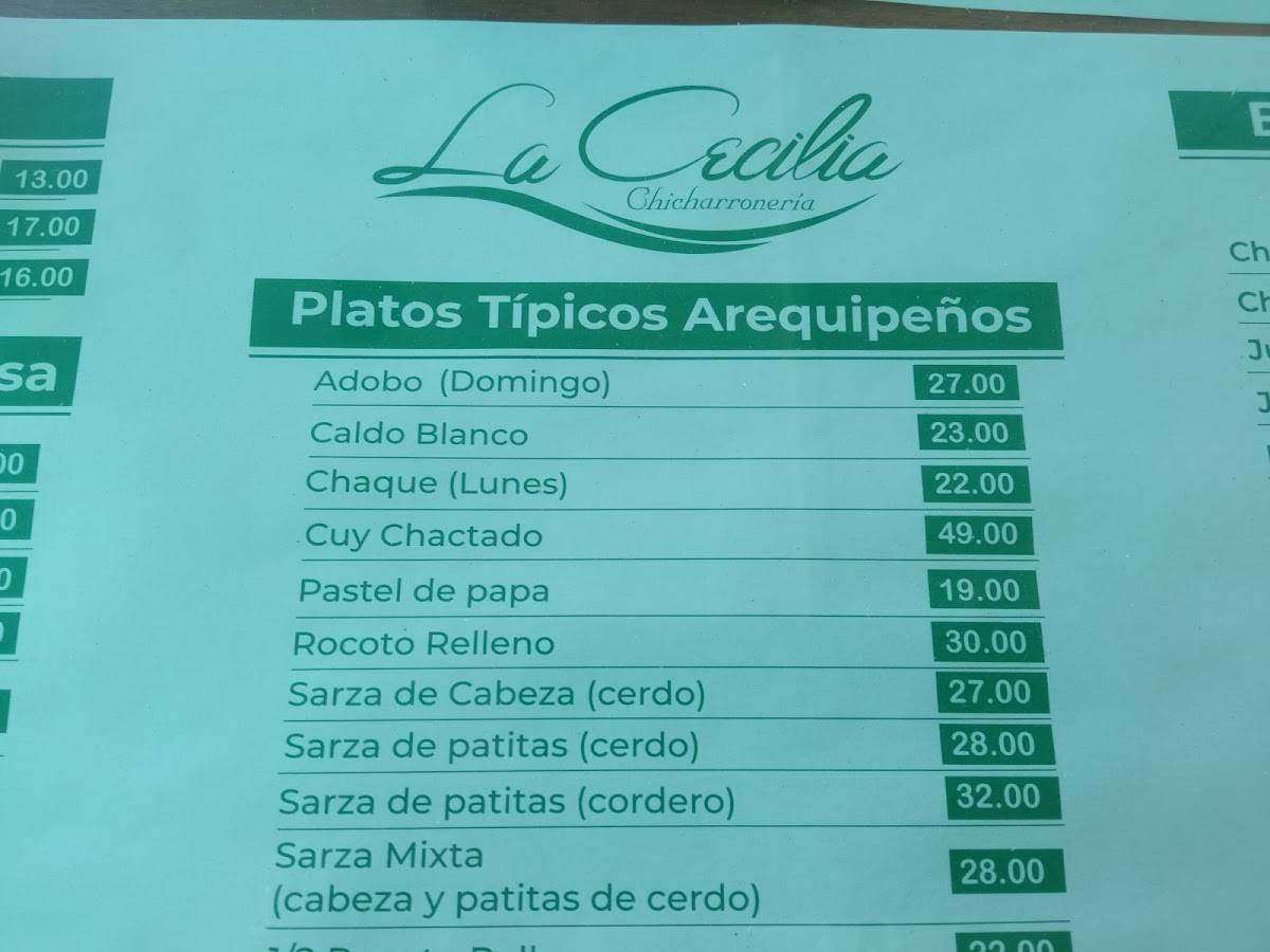Carta del restaurante La Cecilia, Tiabaya
