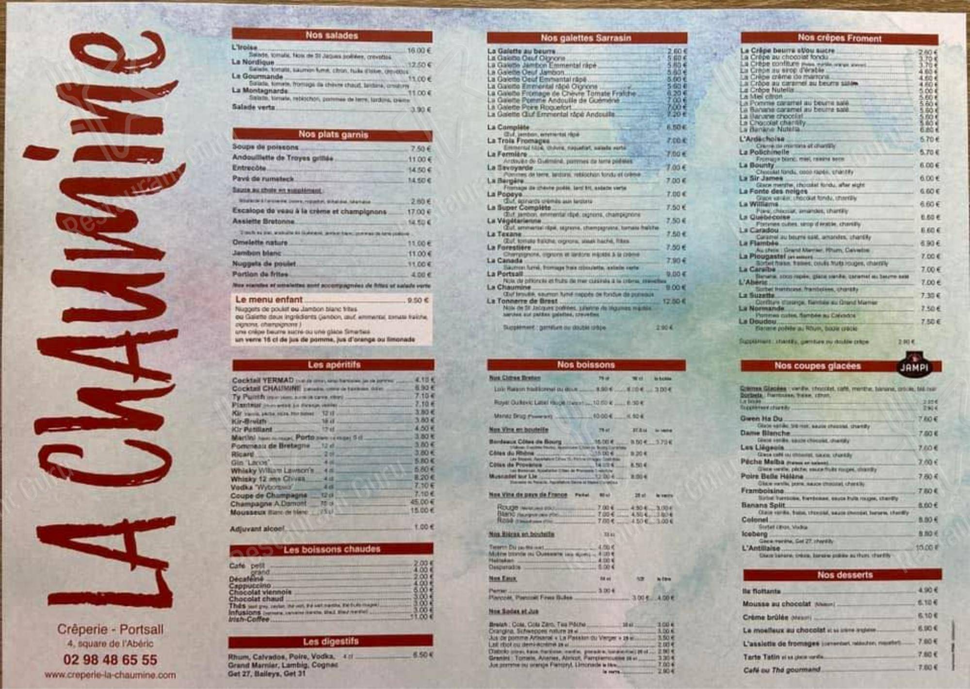 Menu au Crêperie La Chaumine Portsall restaurant, Ploudalmézeau