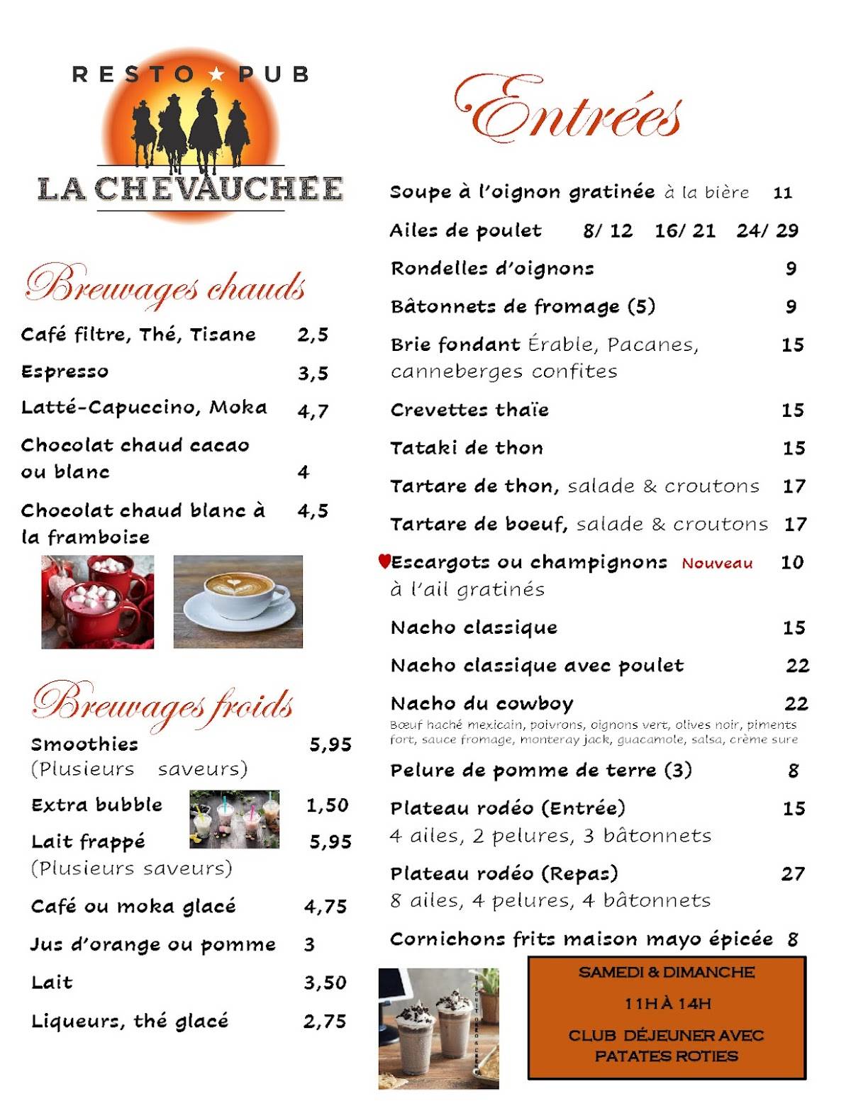 Menu au La Chevauchée Resto-Pub, Bécancour