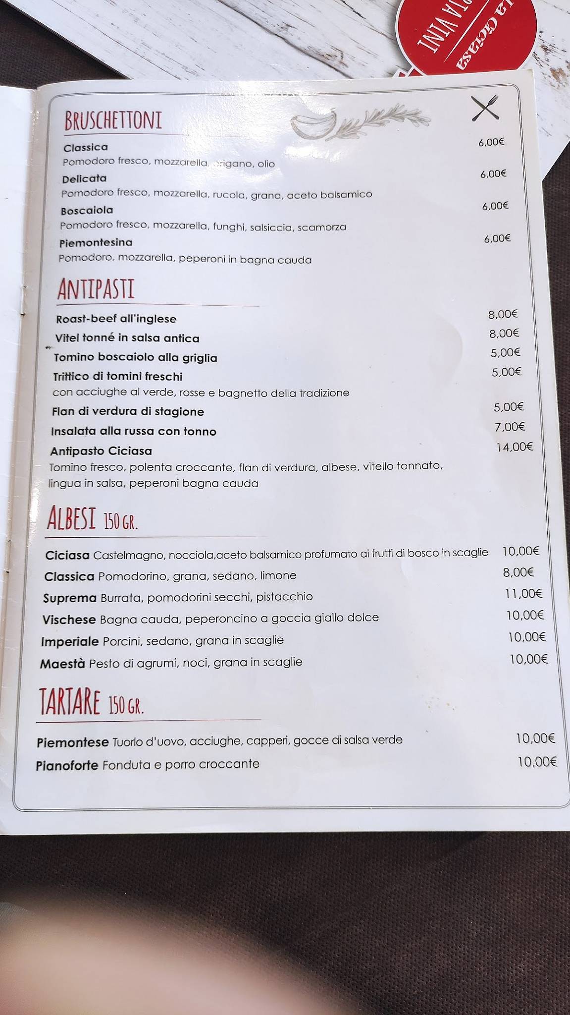 Menu da La Ciciasa ristorante, Vische