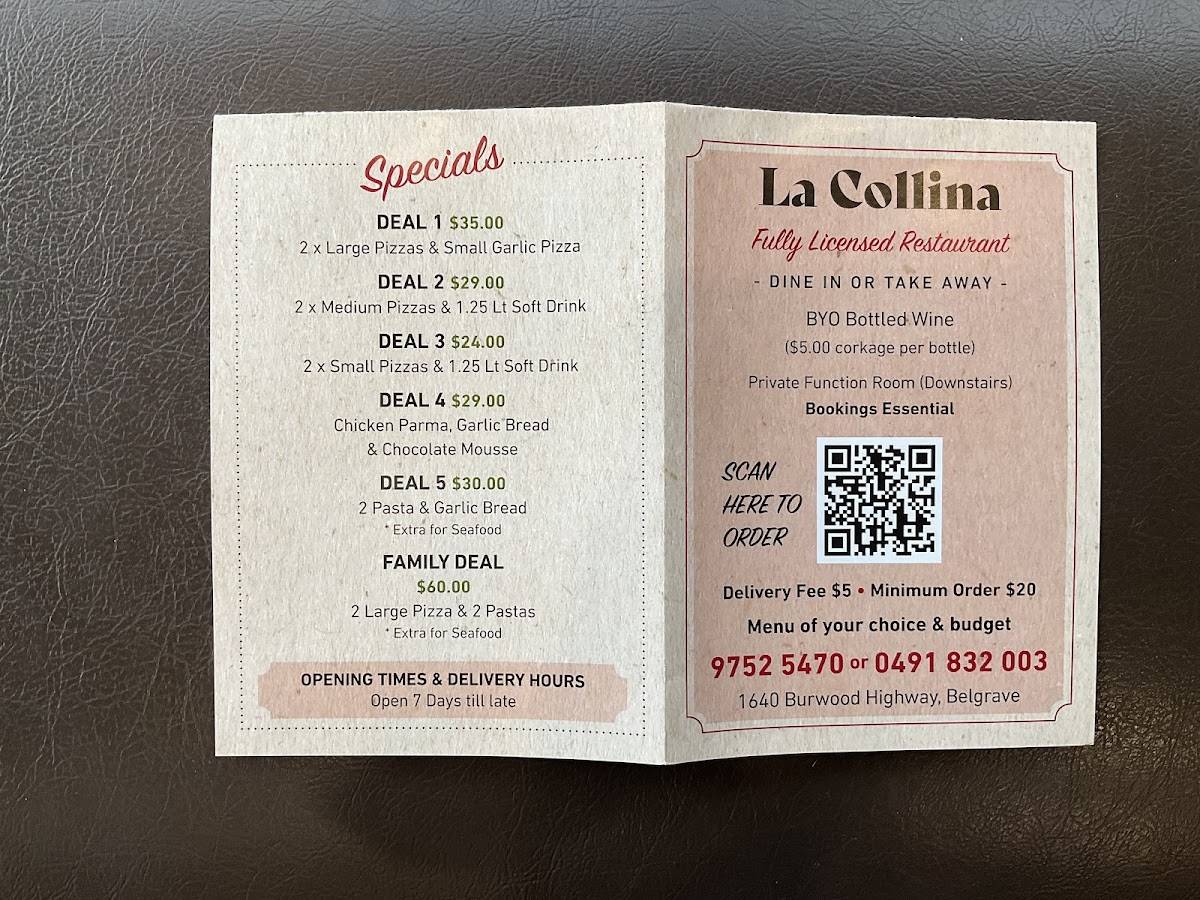Carta de La Collina Pizzeria, Belgrave