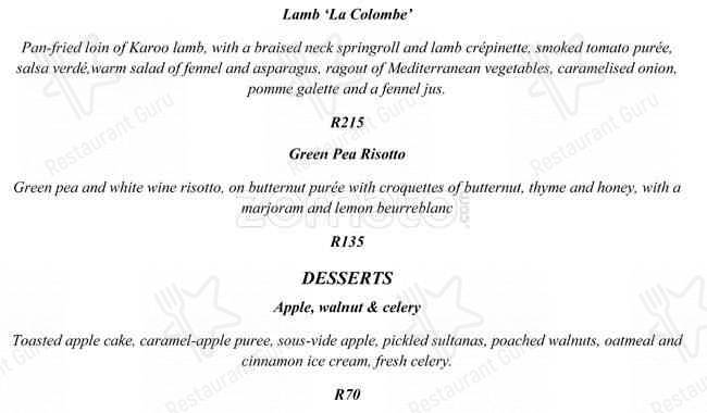 Menu at La Colombe, Cape Town, Constantia Uitsig Wine Estate