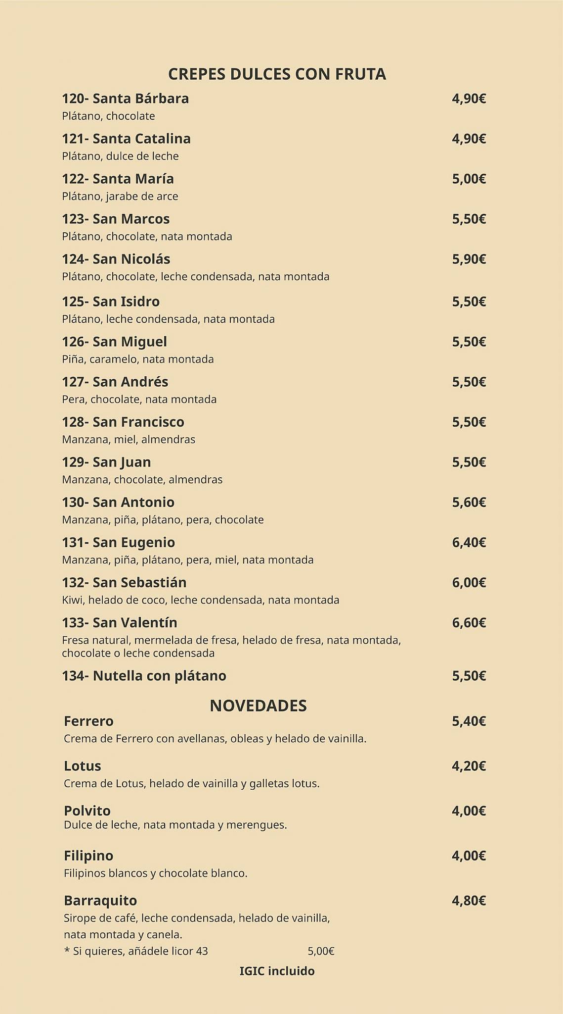 Carta de cafetería Crepería La Bohême, San Cristóbal de La Laguna ...