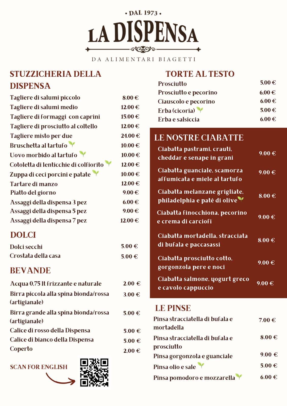 Speisekarte von La Dispensa Biagetti restaurant, Bevagna