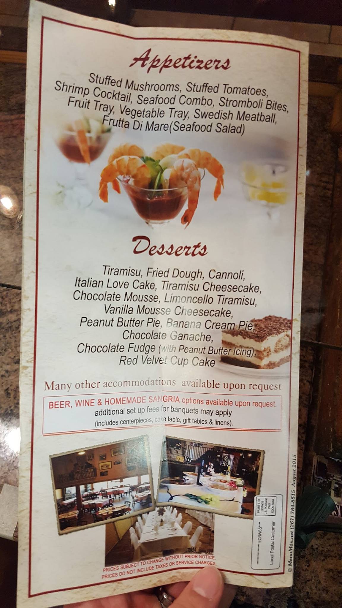 Menu at La Dolce Casa - DiMaggio's restaurant, Tamaqua