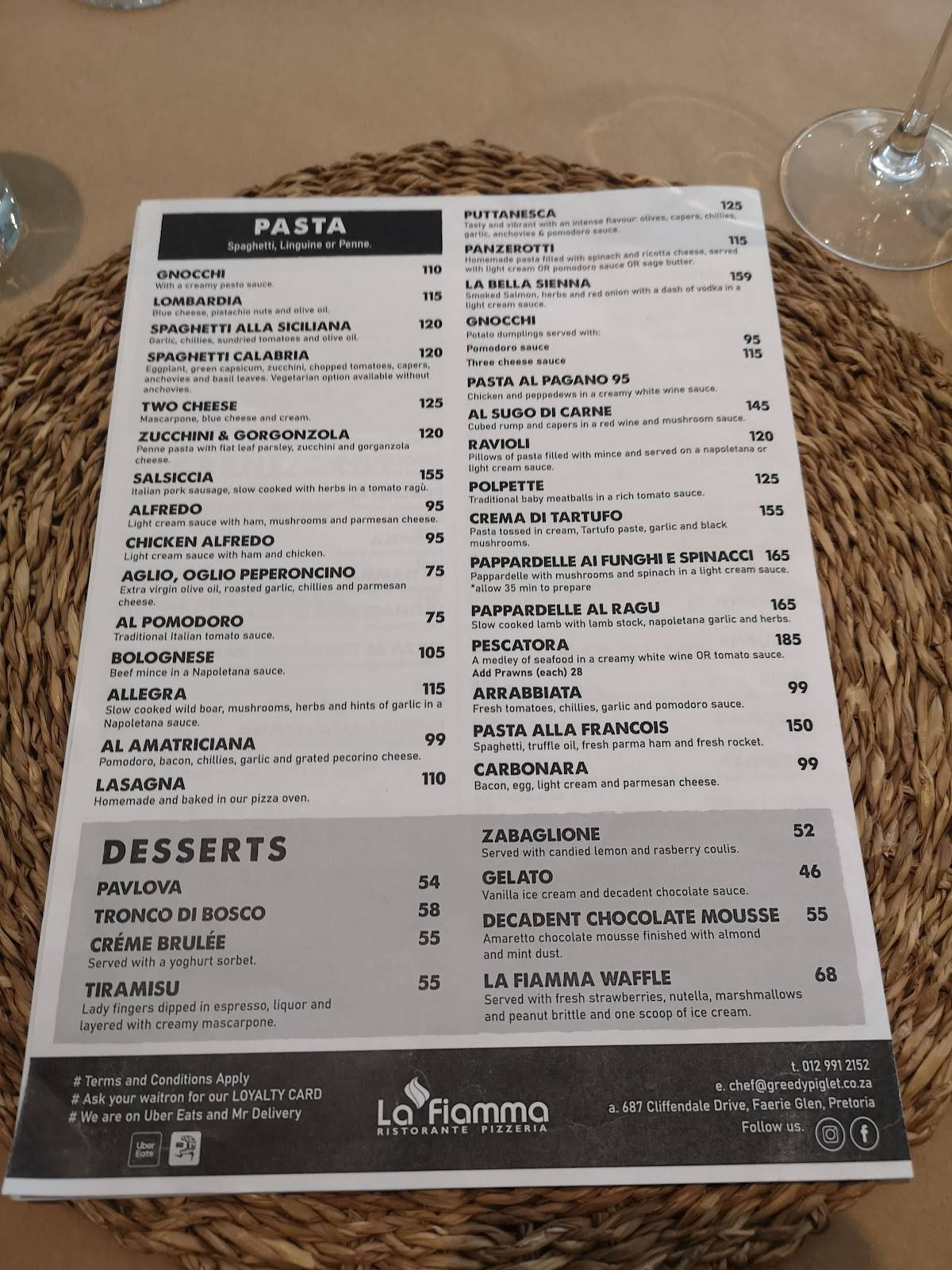 Menu at La Fiamma restaurant, Pretoria