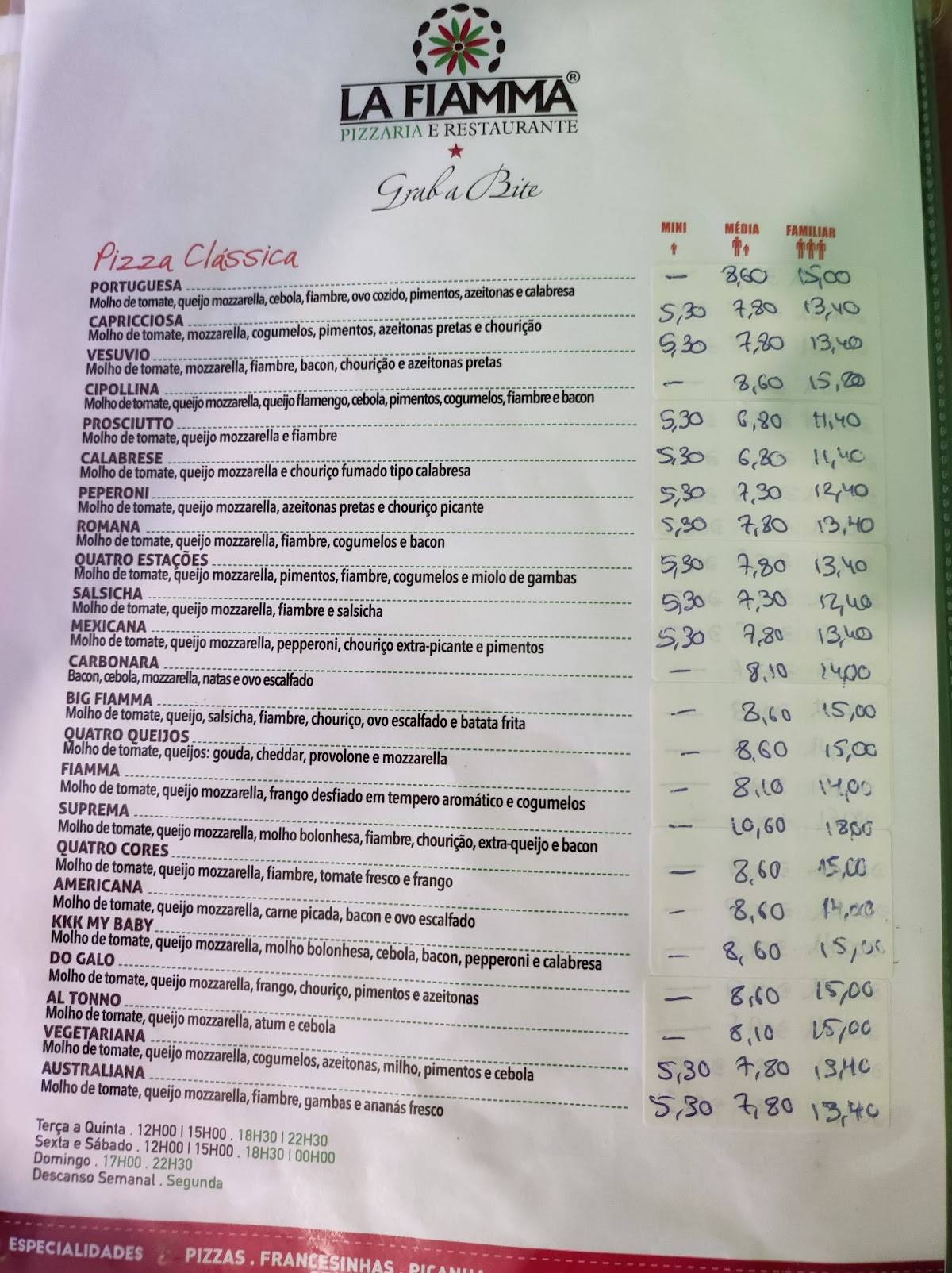 Menu em La Fiamma (Barcelos), Arcozelo