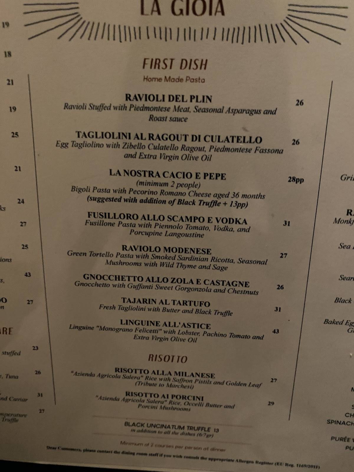 Carta del restaurante La Gioia San Marco, Milan