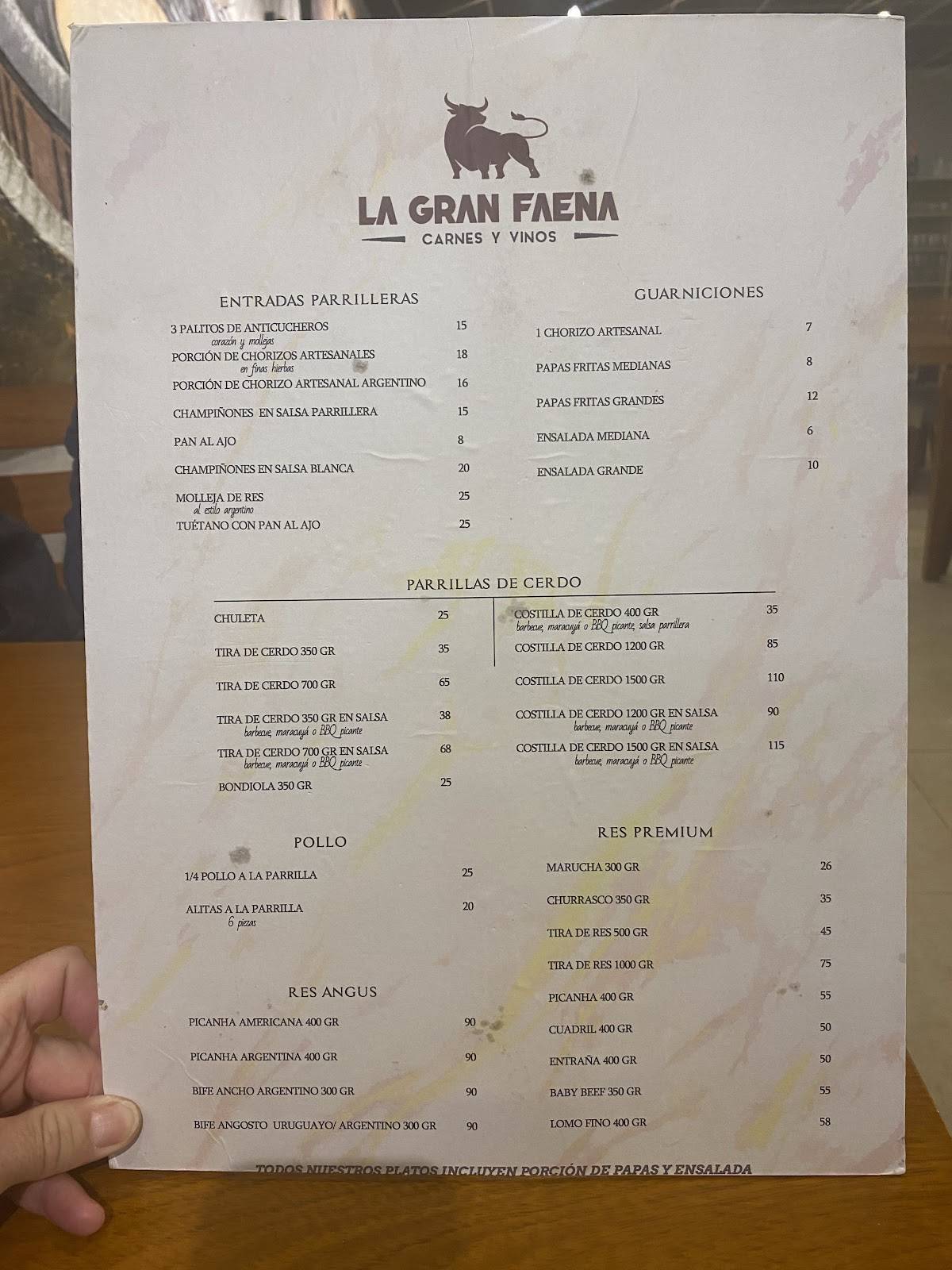 Carta del restaurante La Gran Faena, Huamachuco