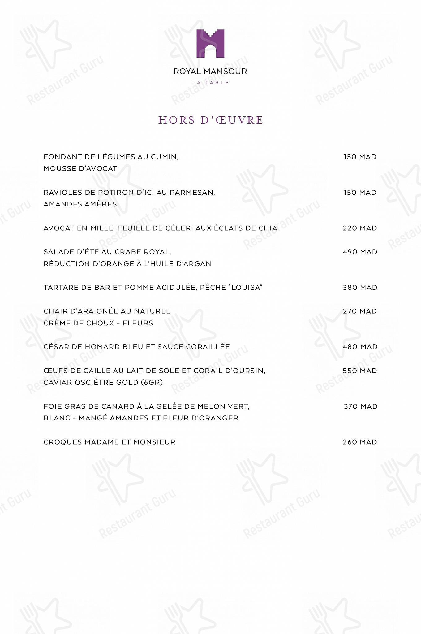Menu au Sesamo Royal Mansour Marrakech restaurant, Marrakech