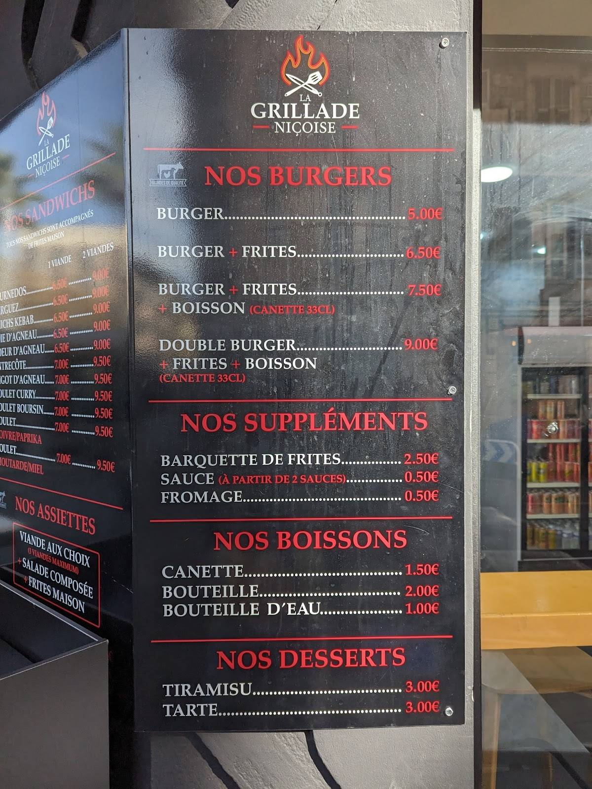 Menu at La Grillade Niçoise restaurant, Nice