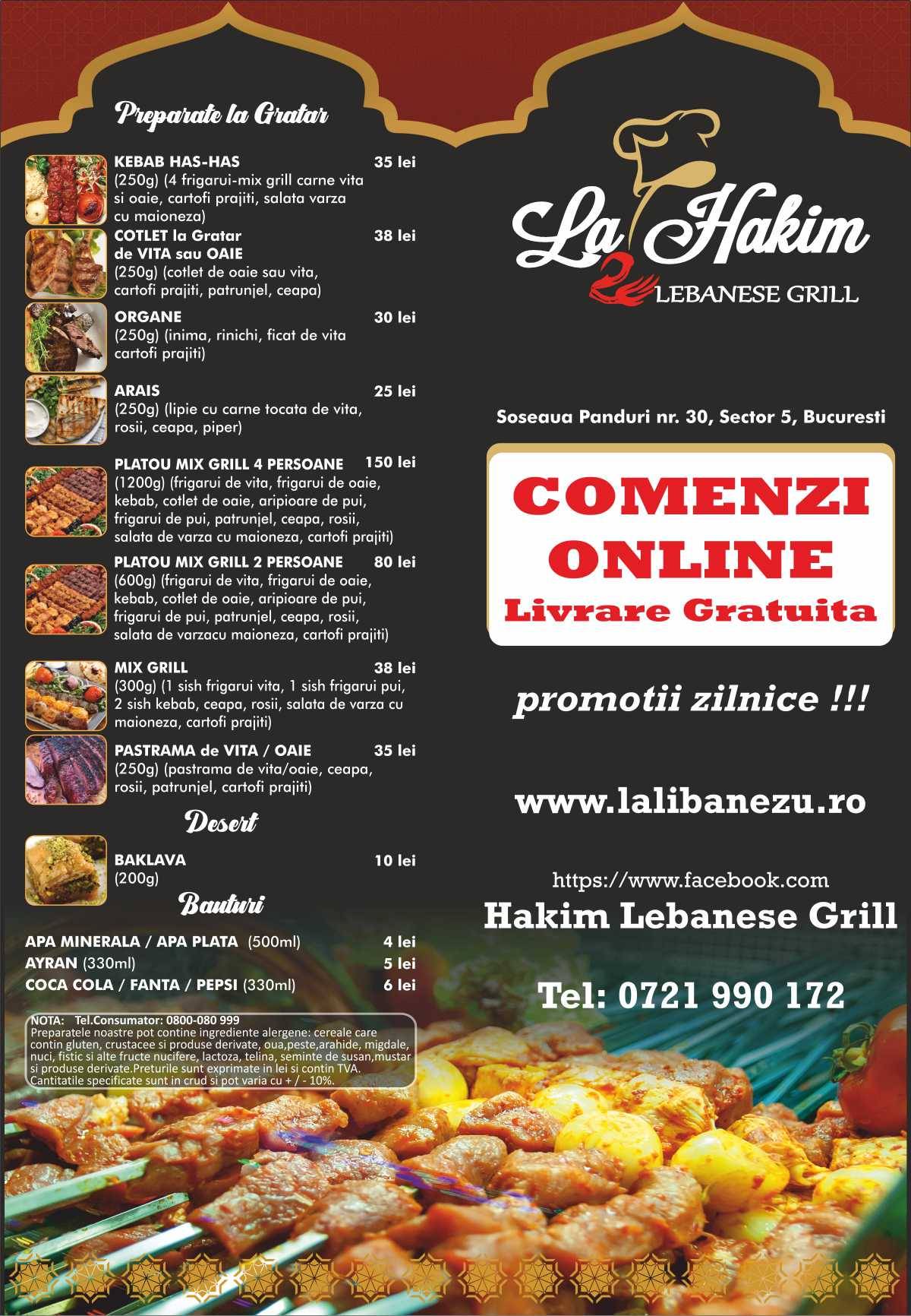 Menu au La Hakim Lebanese Grill, Bucarest