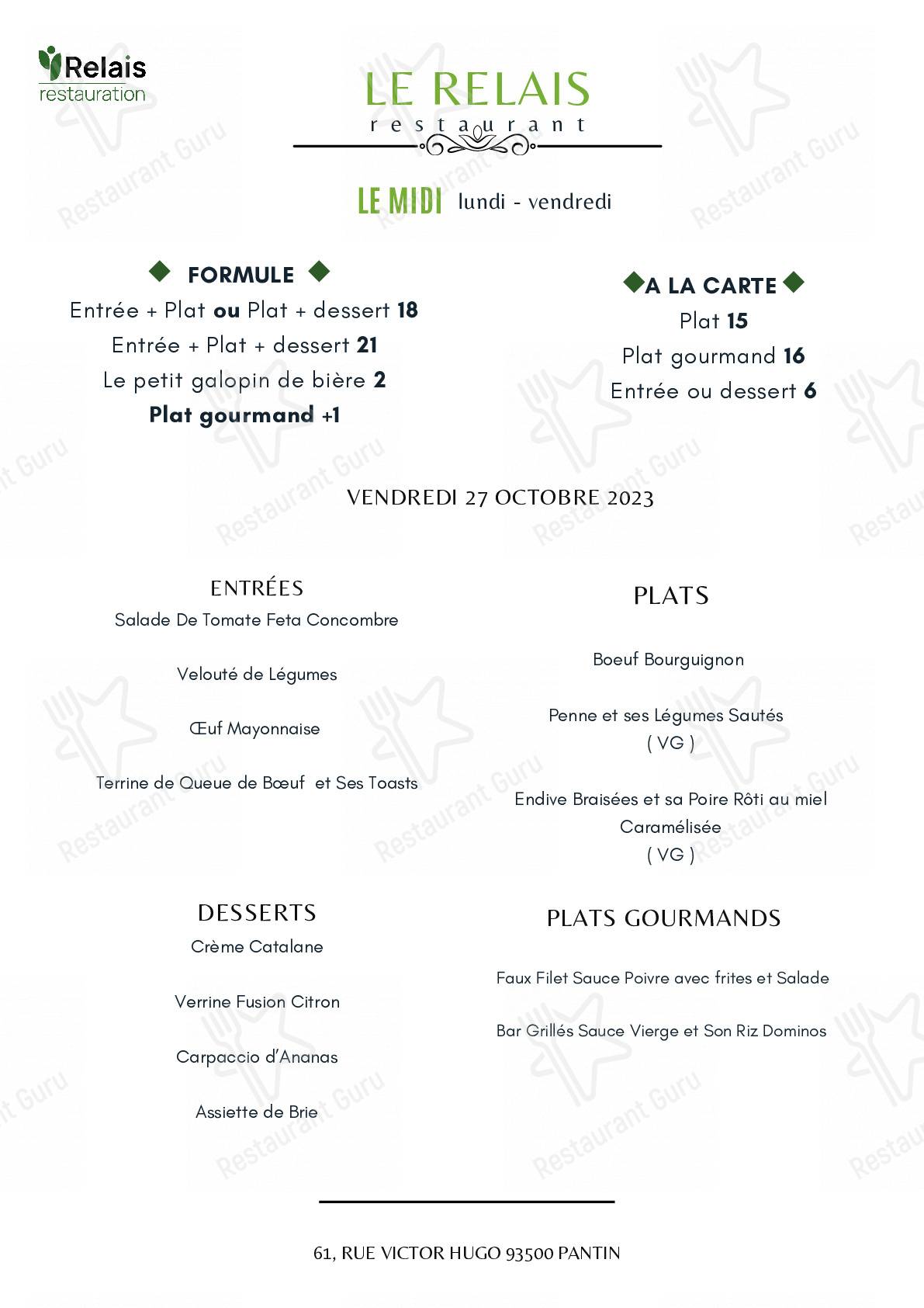 Menu at La Java restaurant, Pantin