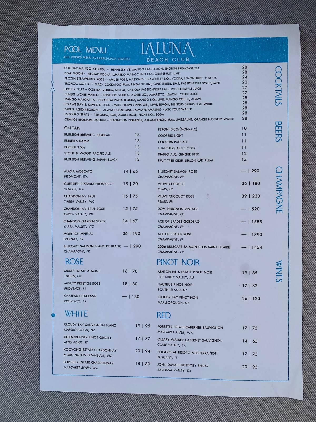 Carta de La Luna Beach Club, Main Beach