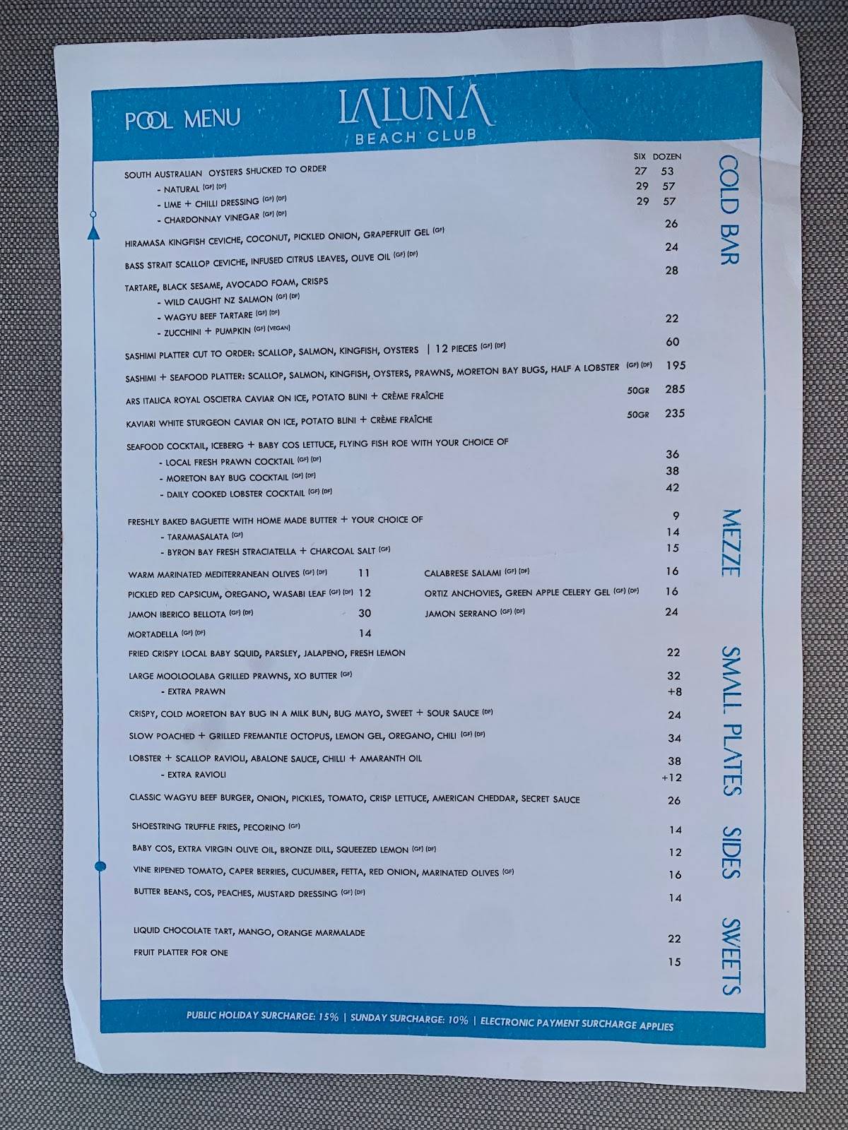 Carta de La Luna Beach Club, Main Beach