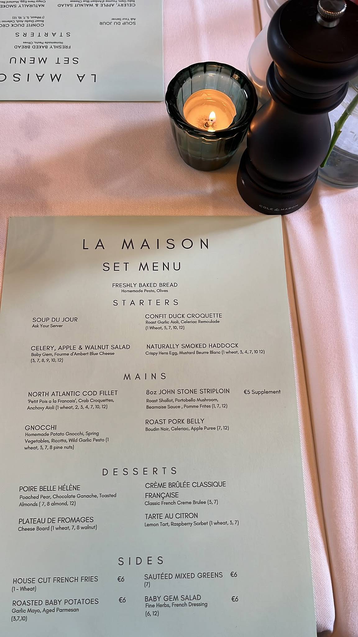 Menu at La Maison restaurant, Dublin