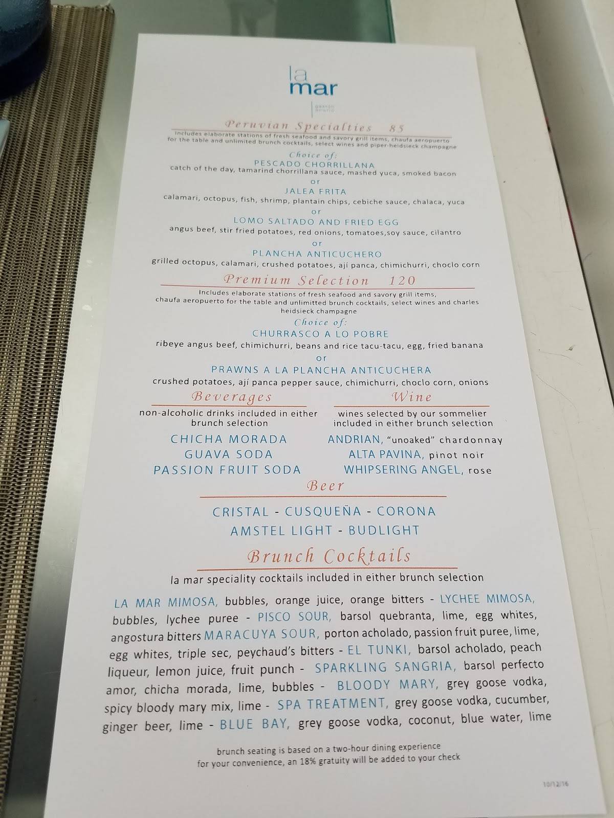 Menu at La Mar by Gastón Acurio restaurant, Miami