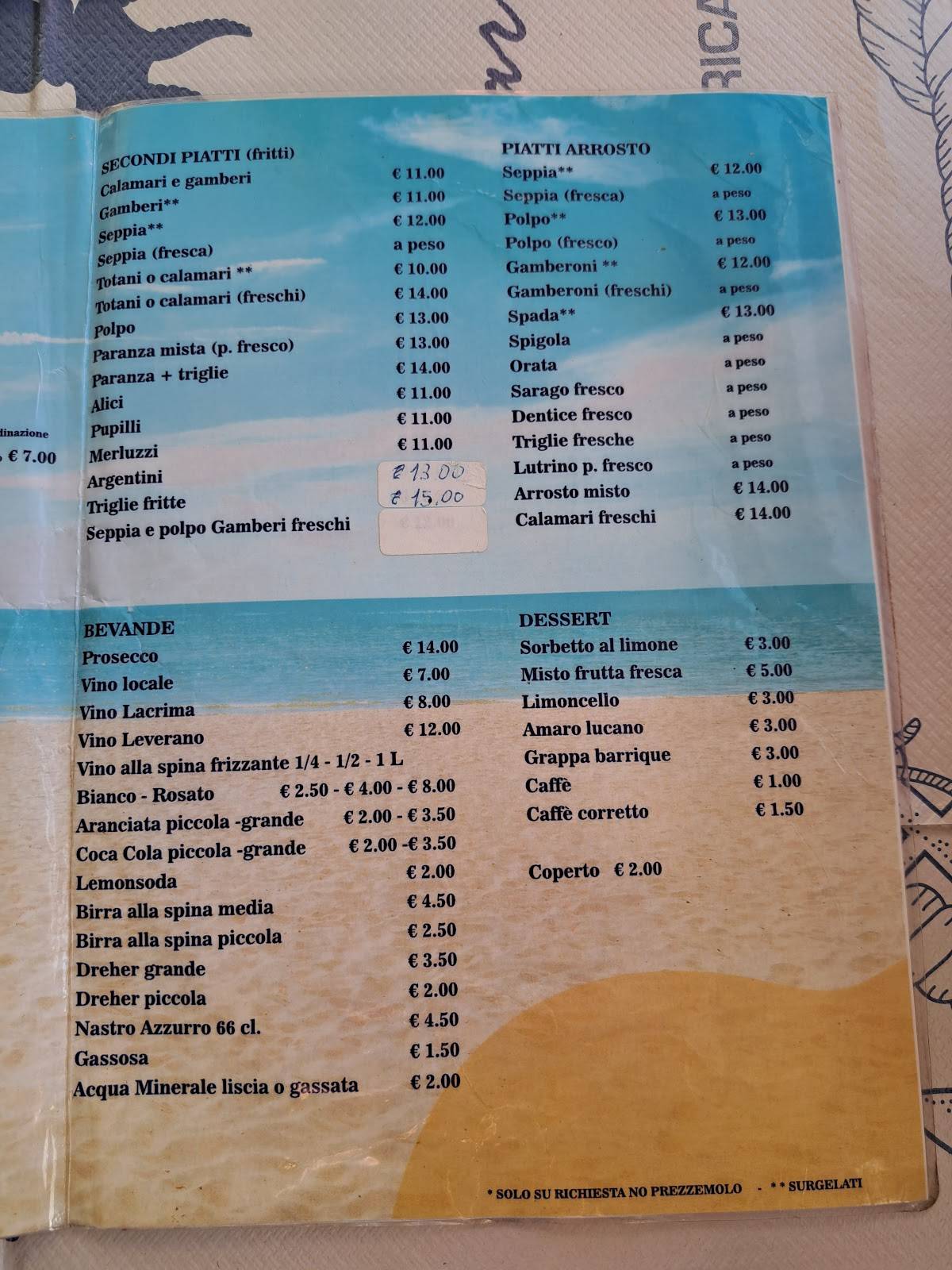 Menu au La Maruzzella restaurant, Conchiglie-Alto Lido