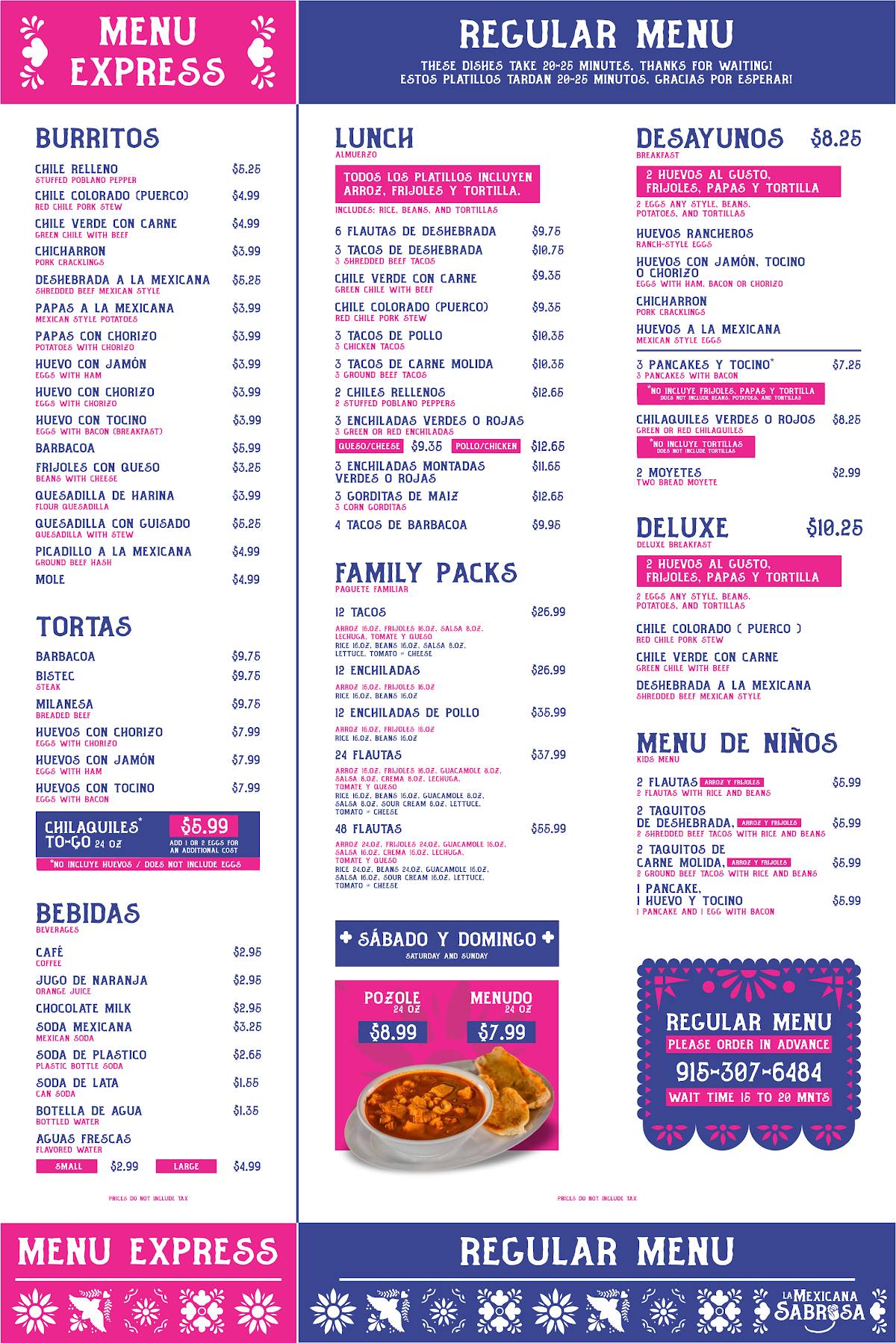 Carta del restaurante La Mexicana Sabrosa, El Paso