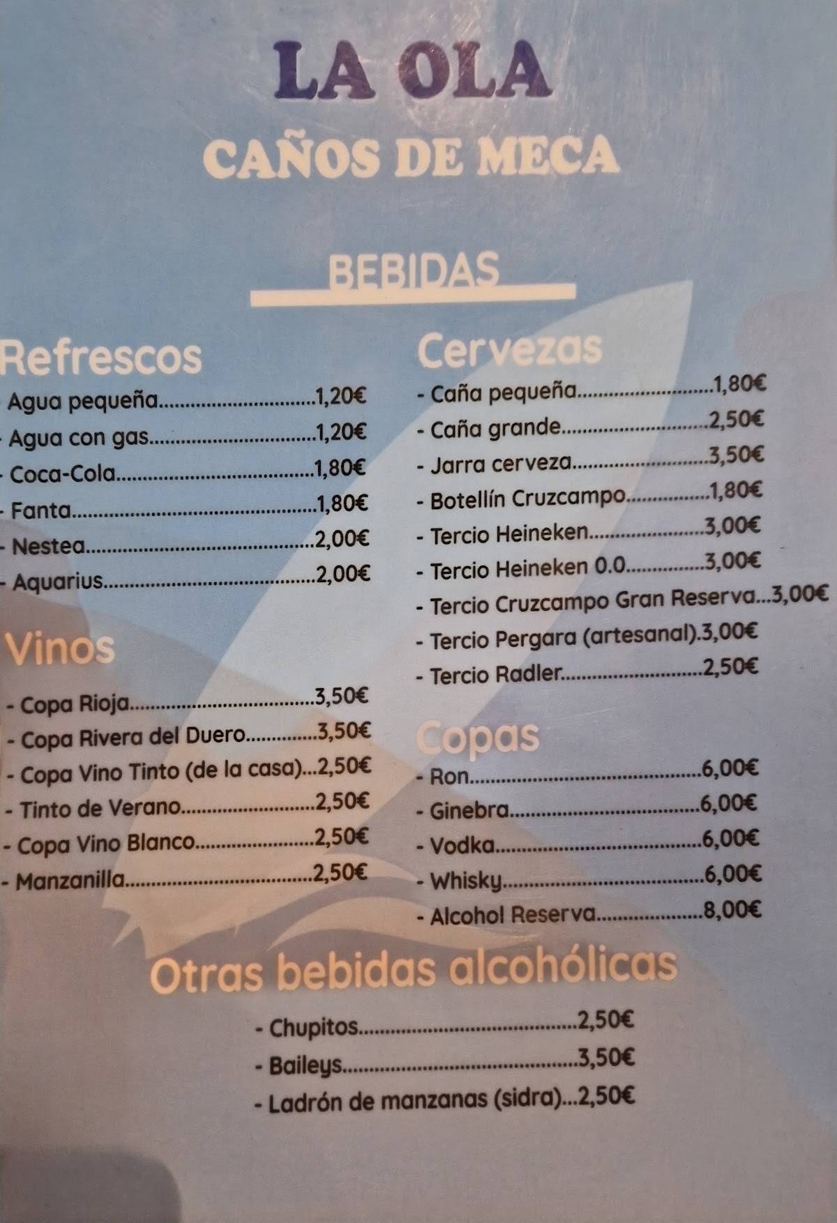 Menu at La Ola pub & bar, Los Caños de Meca