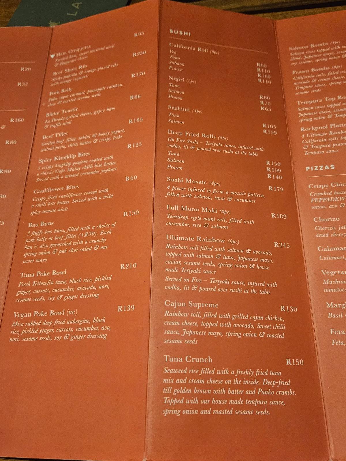 Menu at La Parada Kloof Street restaurant, Cape Town