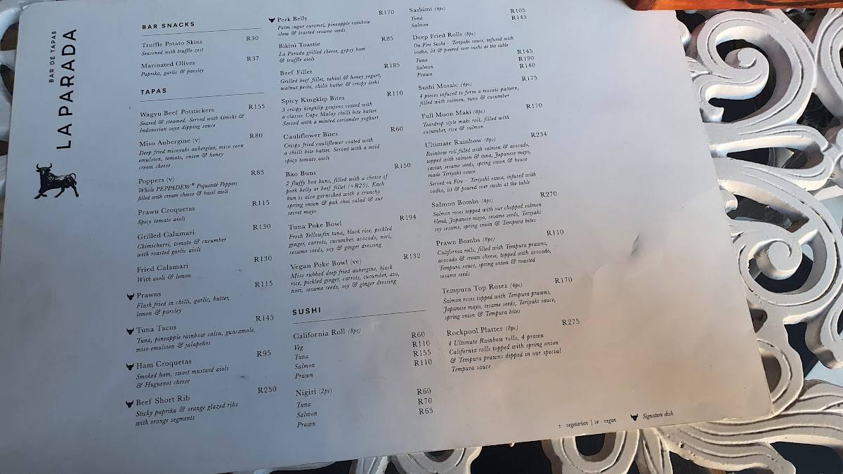 Menu at La Parada Umhlanga restaurant, Durban