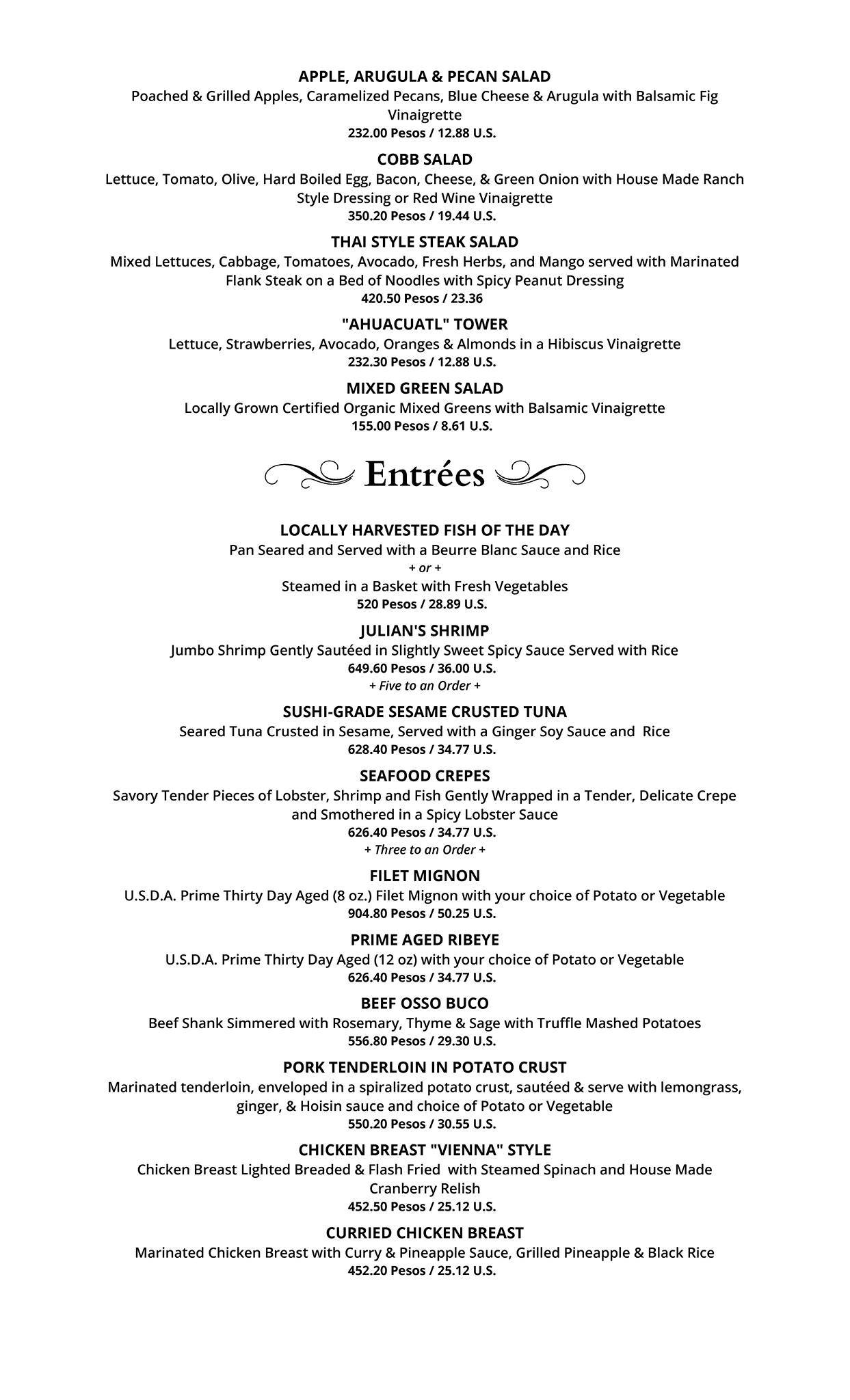 Menu at La Patrona restaurant, San José del Cabo, PLAZA PAULINA