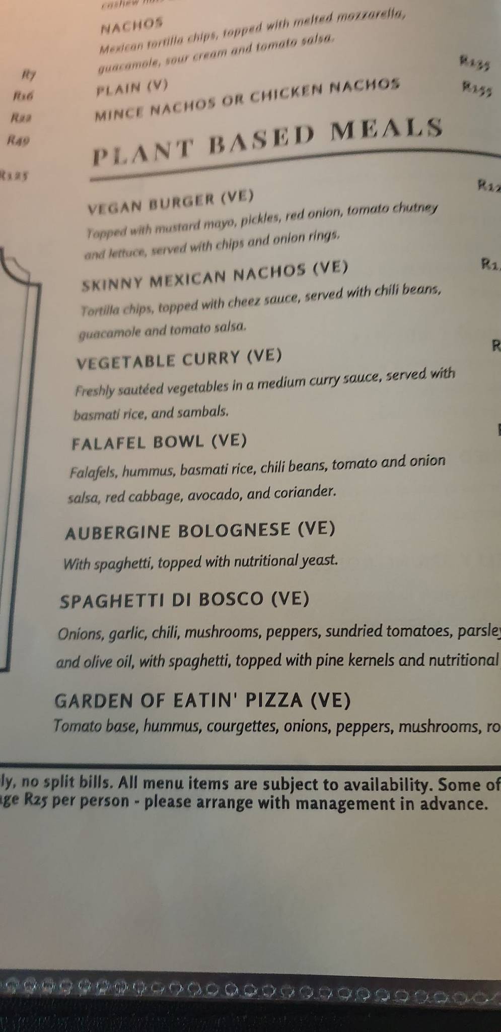 Menu at La Pineta restaurant, Stellenbosch, R44