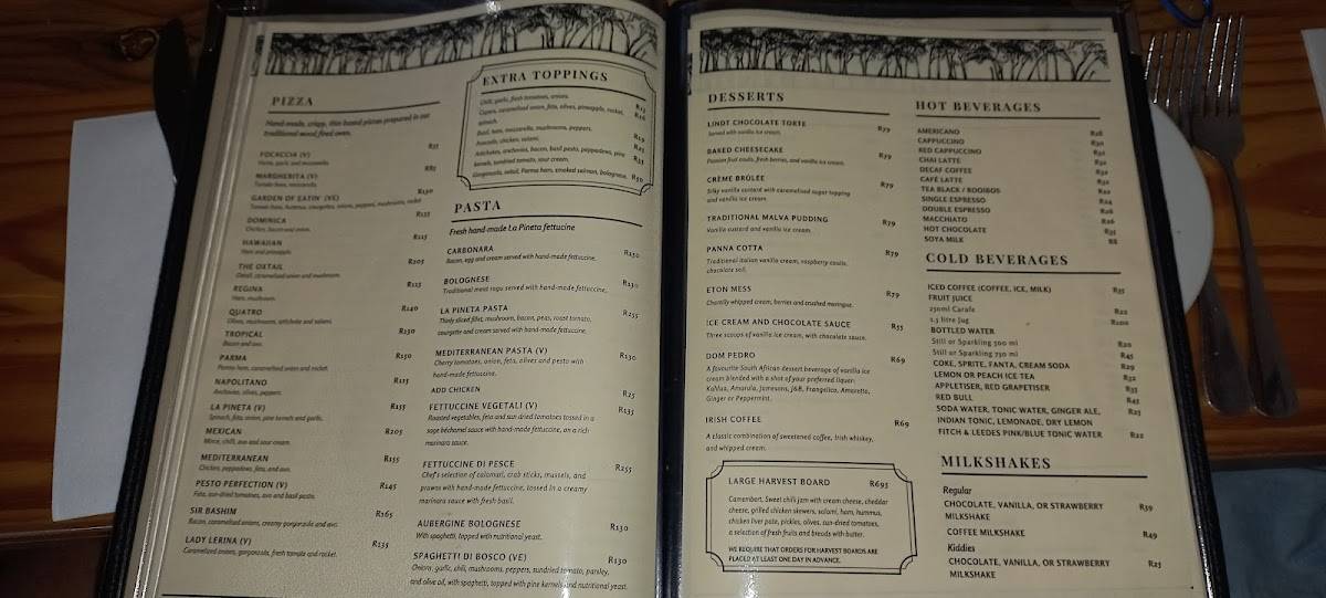 Menu at La Pineta restaurant, Stellenbosch, R44