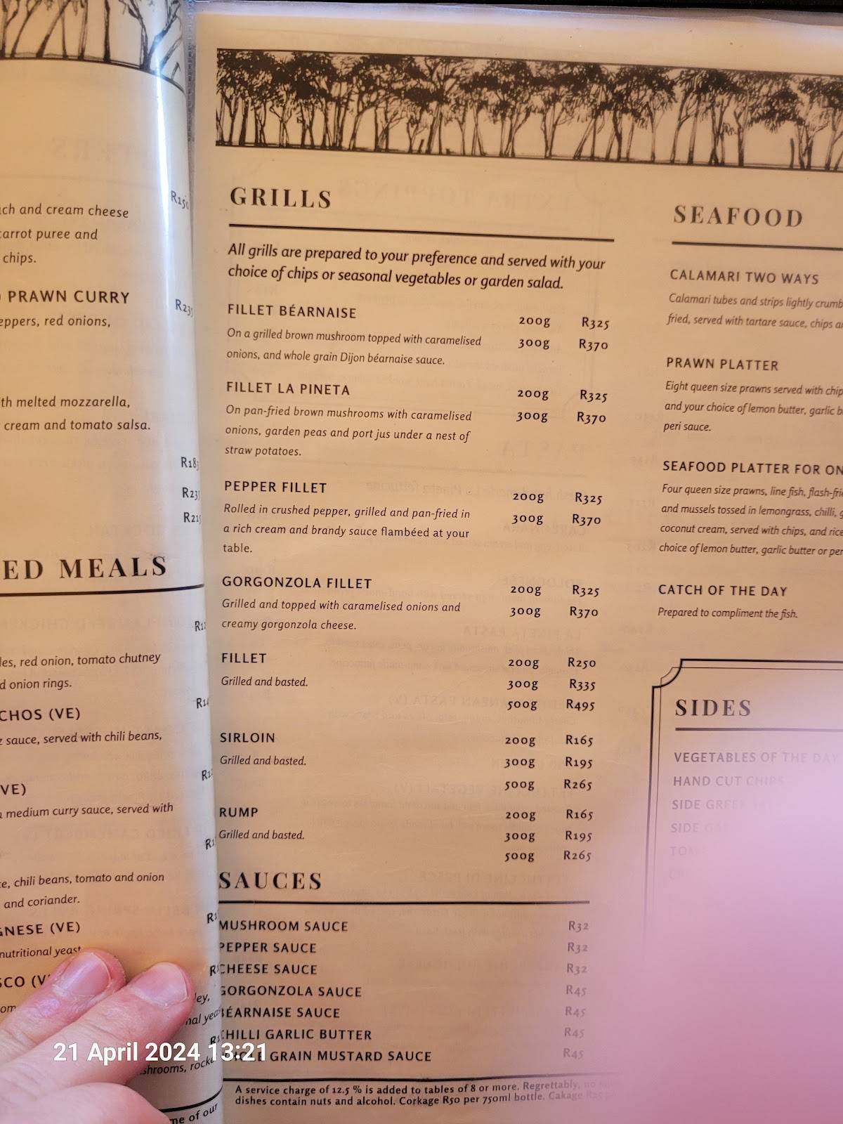 Menu at La Pineta restaurant, Stellenbosch, R44