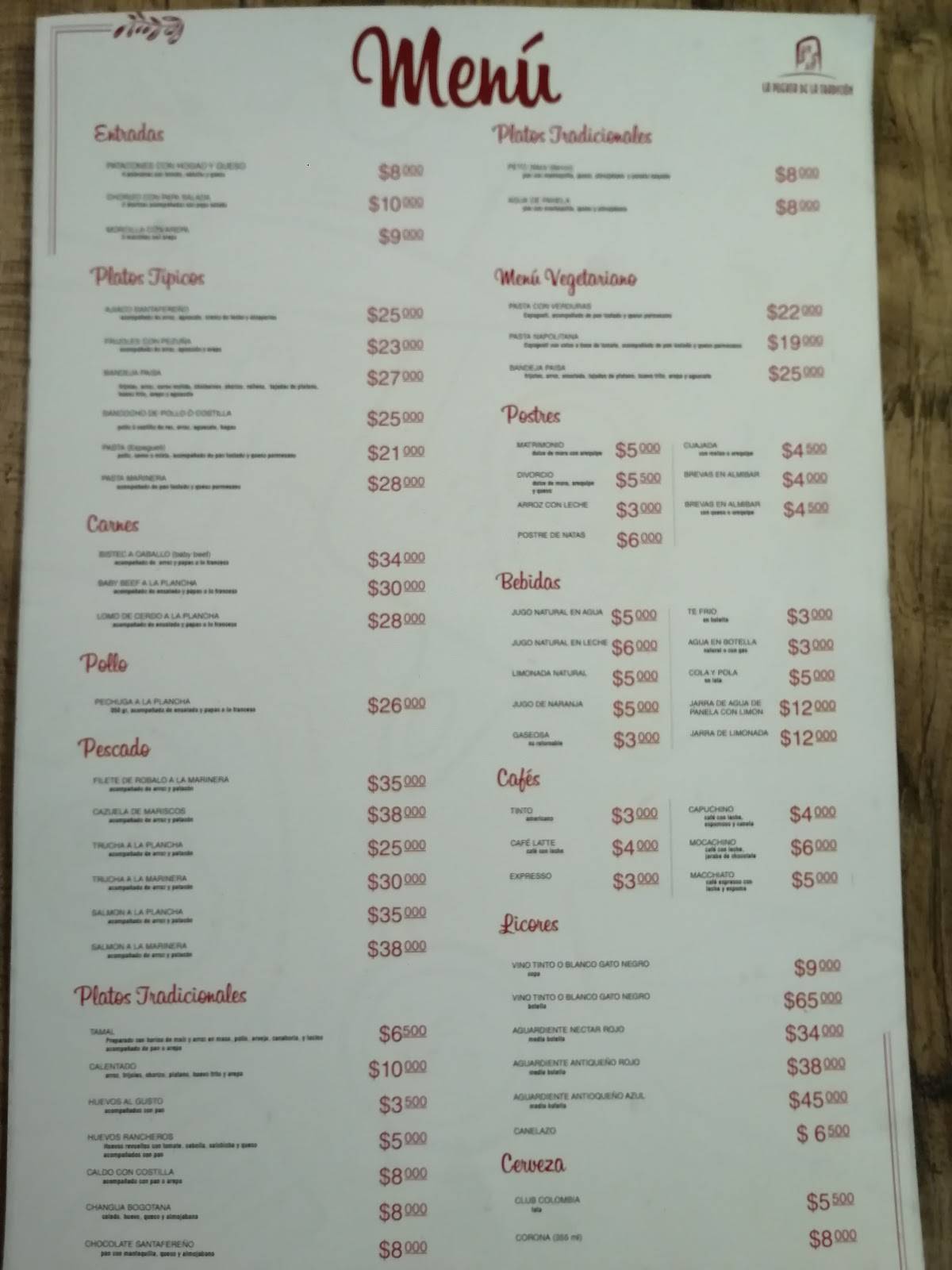 Menu at La Puerta Falsa Restaurant, Bogotá