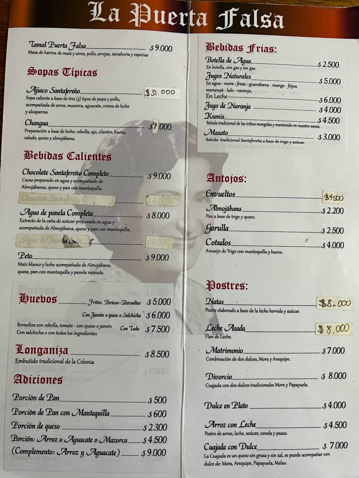 Menu at La Puerta Falsa Restaurant, Bogotá