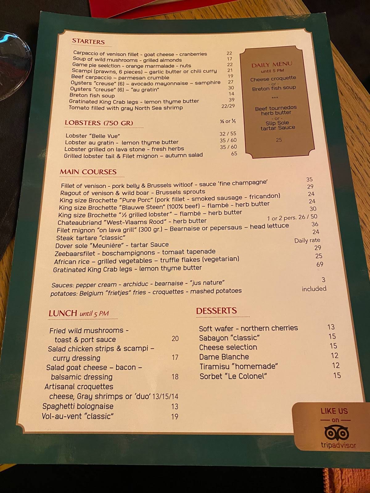 Menu bij La Reine d'Anvers restaurant, Antwerpen