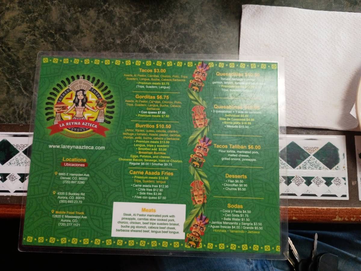 Menu at La Reyna Azteca restaurant, Denver