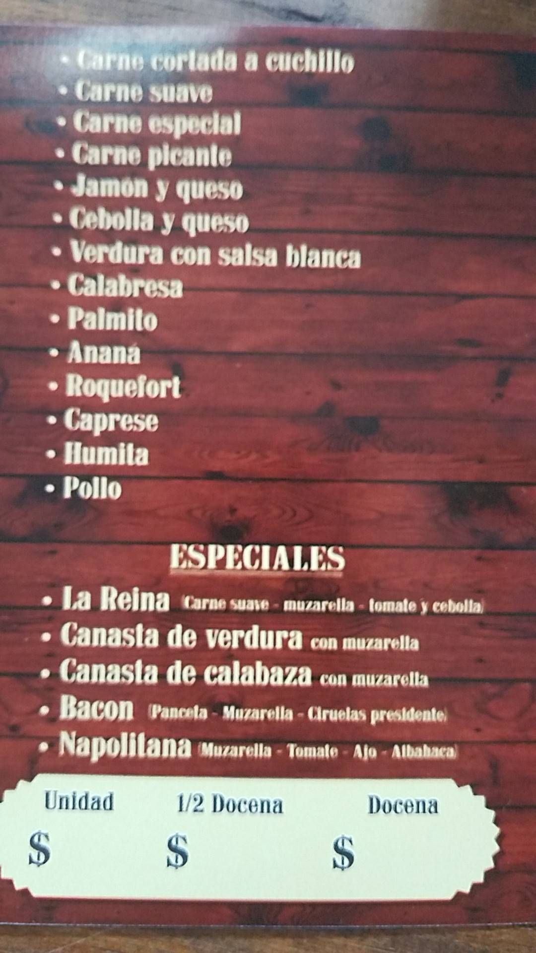 Carta del restaurante "La Reyna" Empanadas, Burzaco