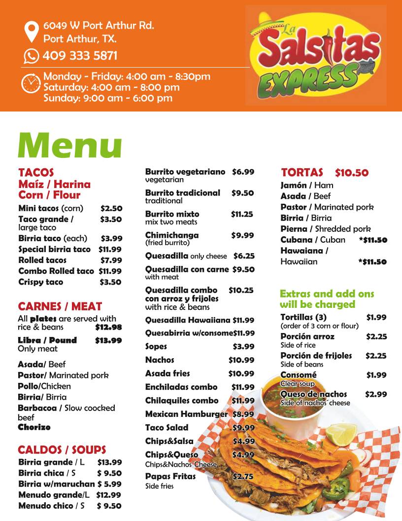 Carta del restaurante La Salsitas Express, Port Arthur