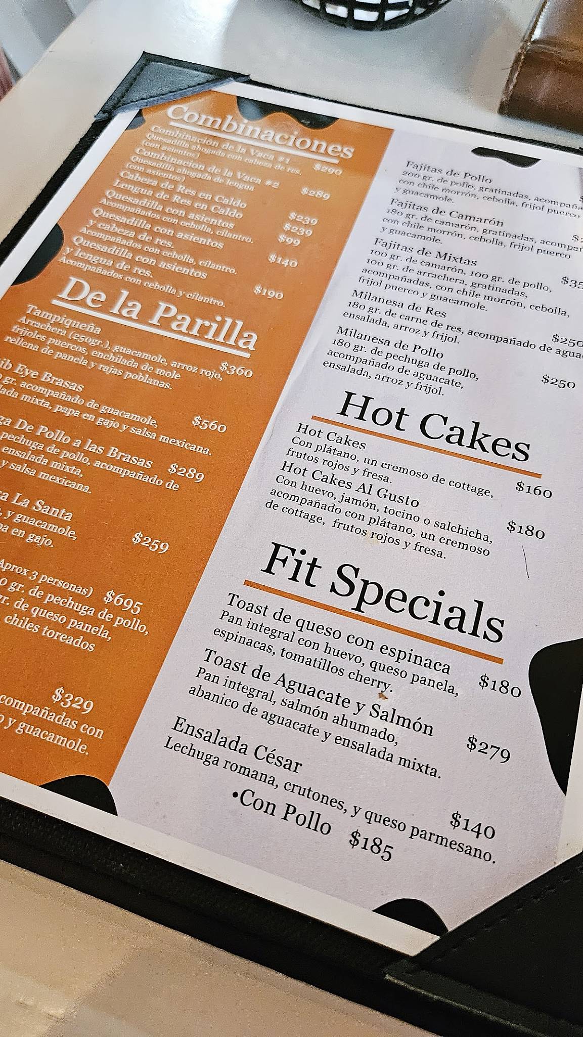 Menu at La Santa Vaca restaurant, Rosarito