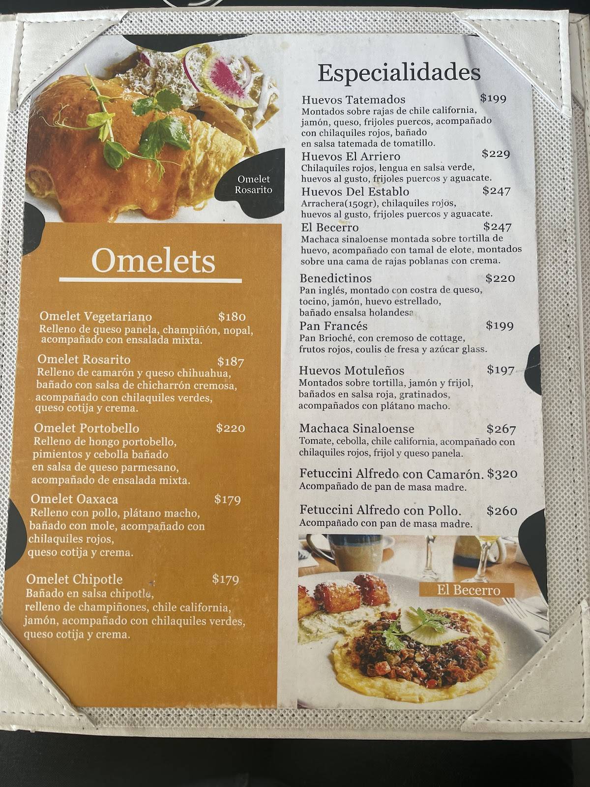 Menu at La Santa Vaca restaurant, Rosarito