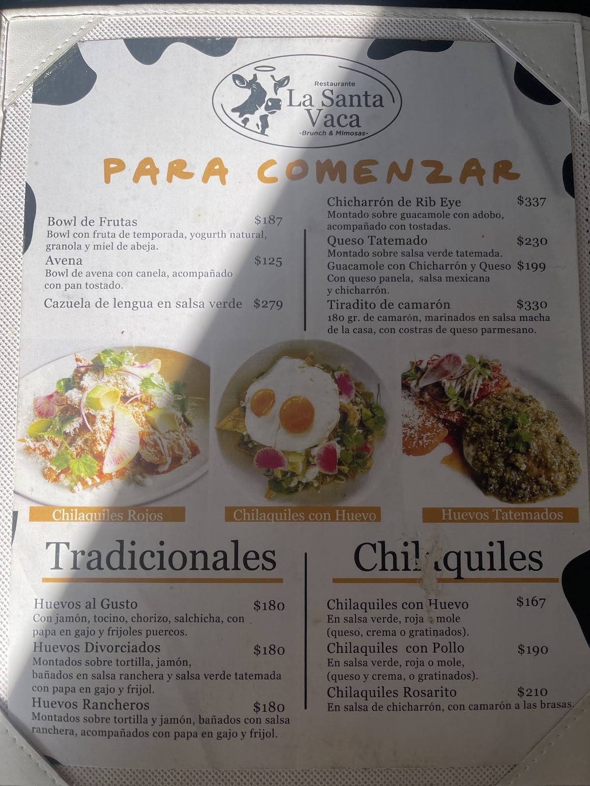 Menu at La Santa Vaca restaurant, Rosarito